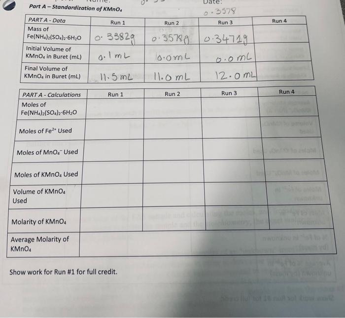 Solved Part A - Standardization of KMnO4 Show work for Run | Chegg.com