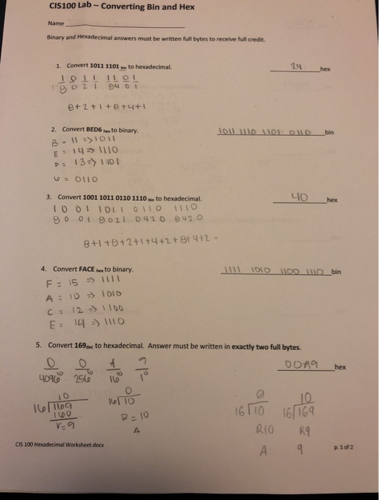 Solved CIS100 Lab - Converting Bin and Hex Name Binary and | Chegg.com