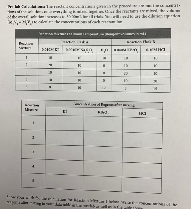 Solved Pre-lab Calculations: The reactant concentrations | Chegg.com