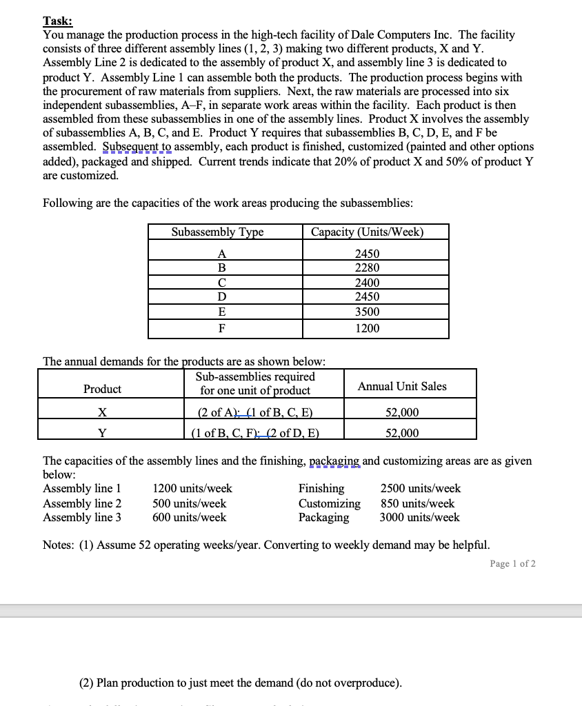 Solved Task:You manage the production process in the | Chegg.com