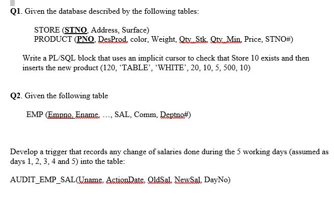 Solved Q1. ﻿Given the database described by the following | Chegg.com