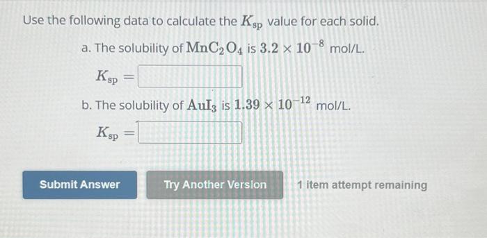 Use the following data to calculate the Ksp value | Chegg.com