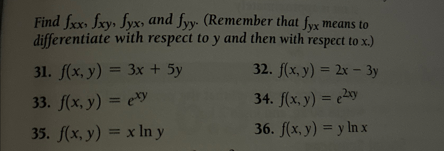 Solved Find f×,fxy,fyx, ﻿and fyy. (Remember that fyx ﻿means | Chegg.com