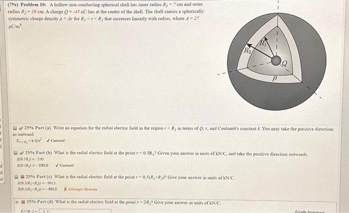 Solved (7\%) Problem 10: A hollow non-conducting spherical | Chegg.com