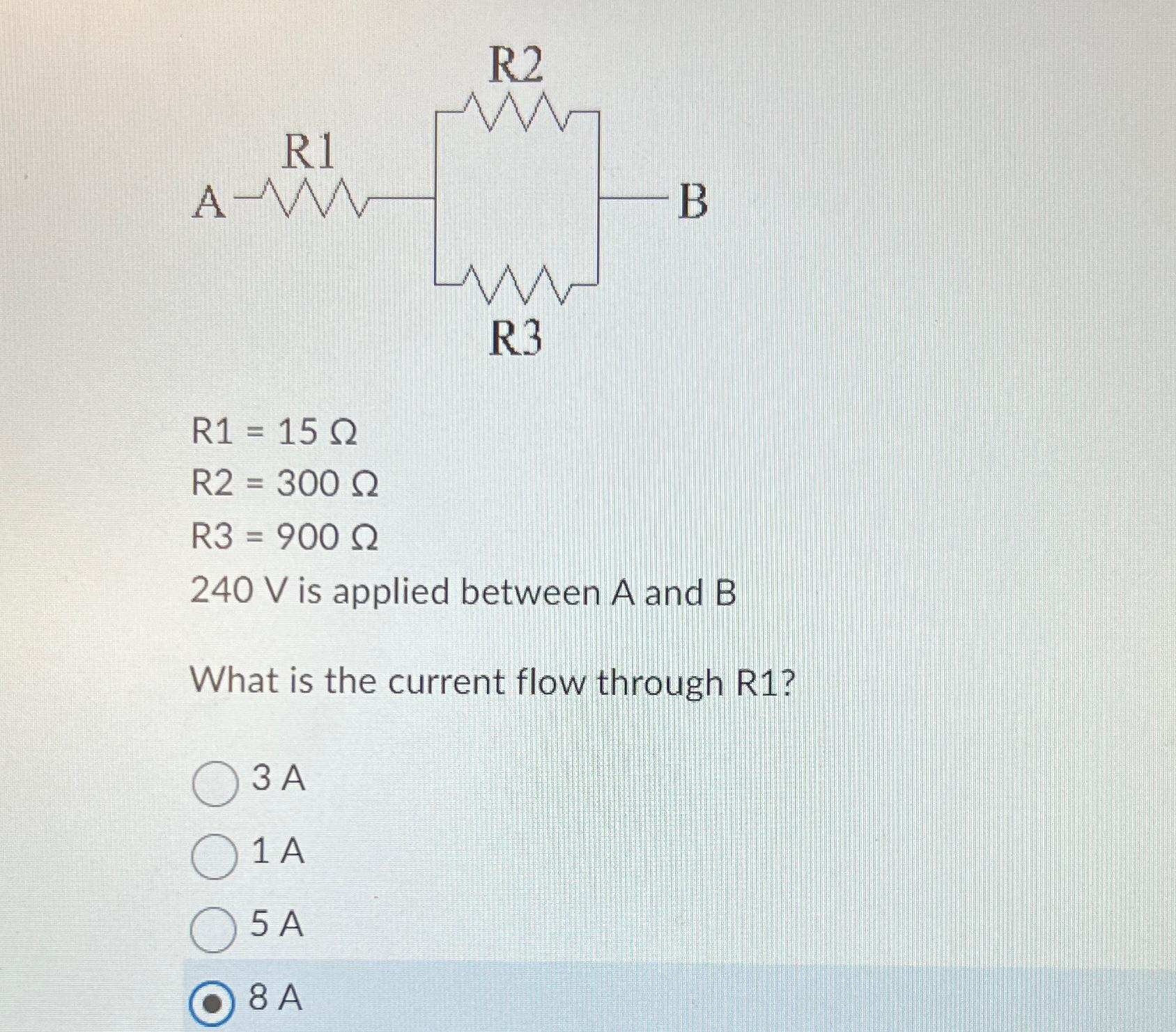 Solved R1=15ΩR2=300ΩR3=900Ω240V ﻿is applied between A and | Chegg.com