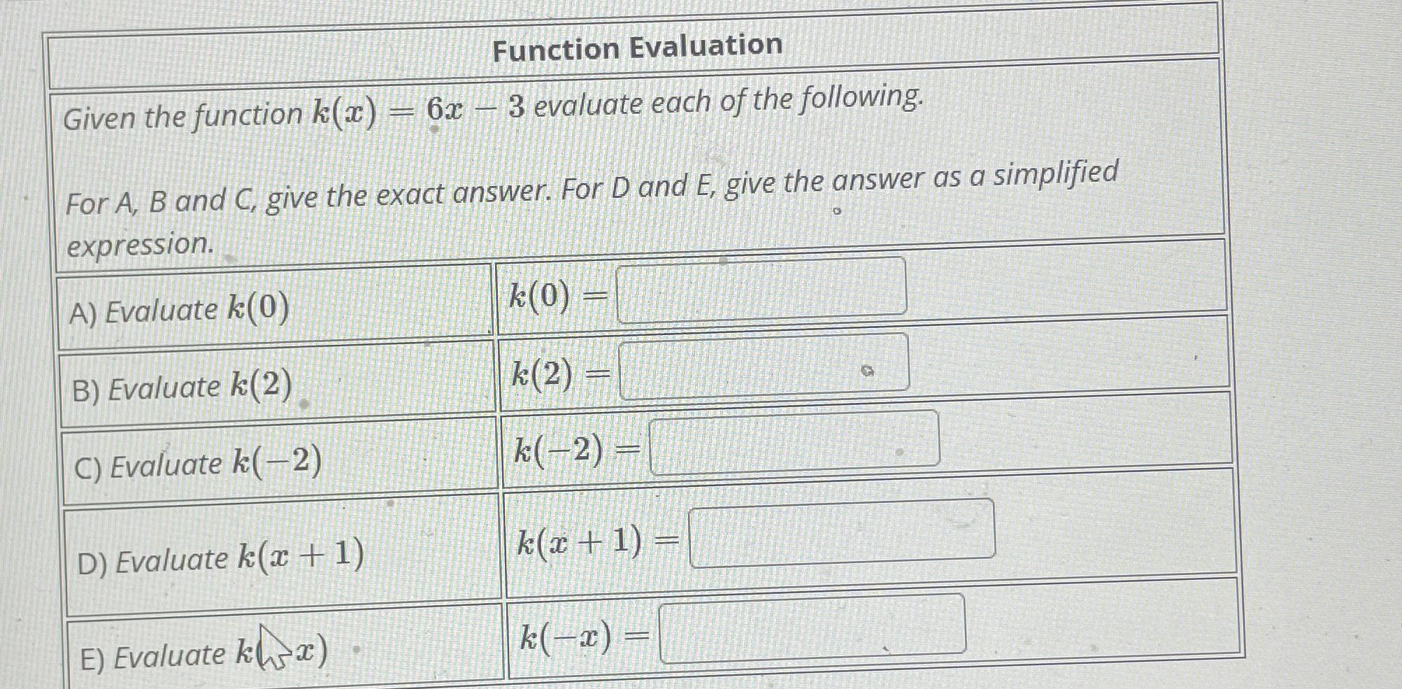Solved Function EvaluationGiven the function k(x)=6x-3 | Chegg.com