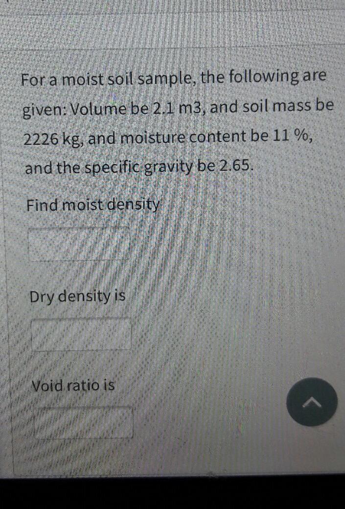 Solved For a moist soil sample, the following are given: | Chegg.com