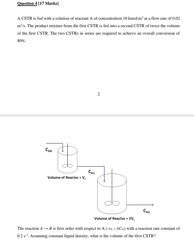 Solved Question 4 [17 Marks] A CSTR is fed with a solution | Chegg.com