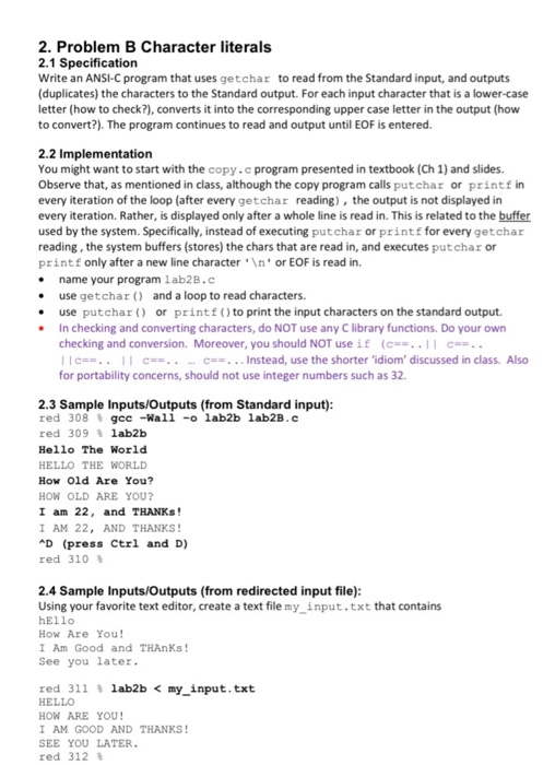 Solved 2. Problem B Character literals 2.1 Specification | Chegg.com