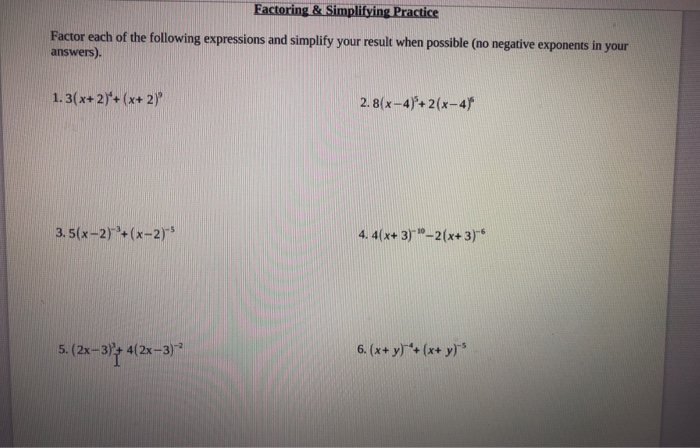 Solved Factoring & Simplifying Practice Factor each of the | Chegg.com