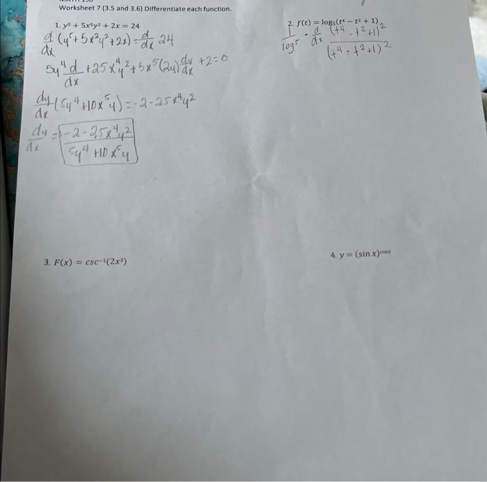 Solved differentiate each function and show work i have | Chegg.com
