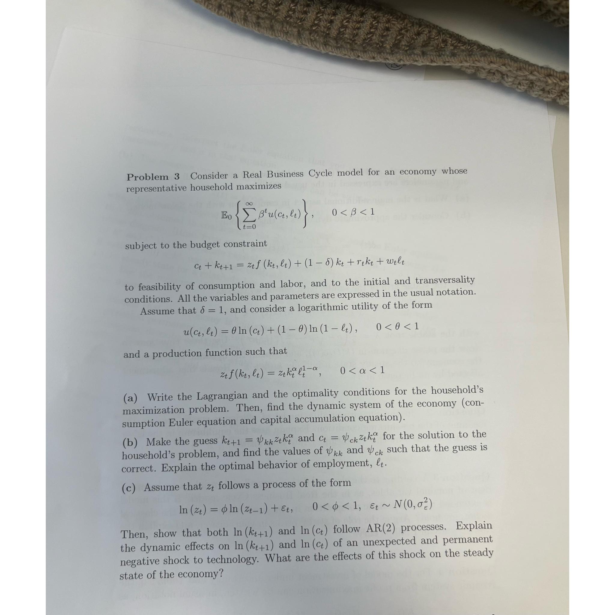 Solved Problem 3 ﻿Consider a Real Business Cycle model for | Chegg.com