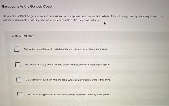 Solved Exceptions to the Genetic Code Despite the fact that | Chegg.com