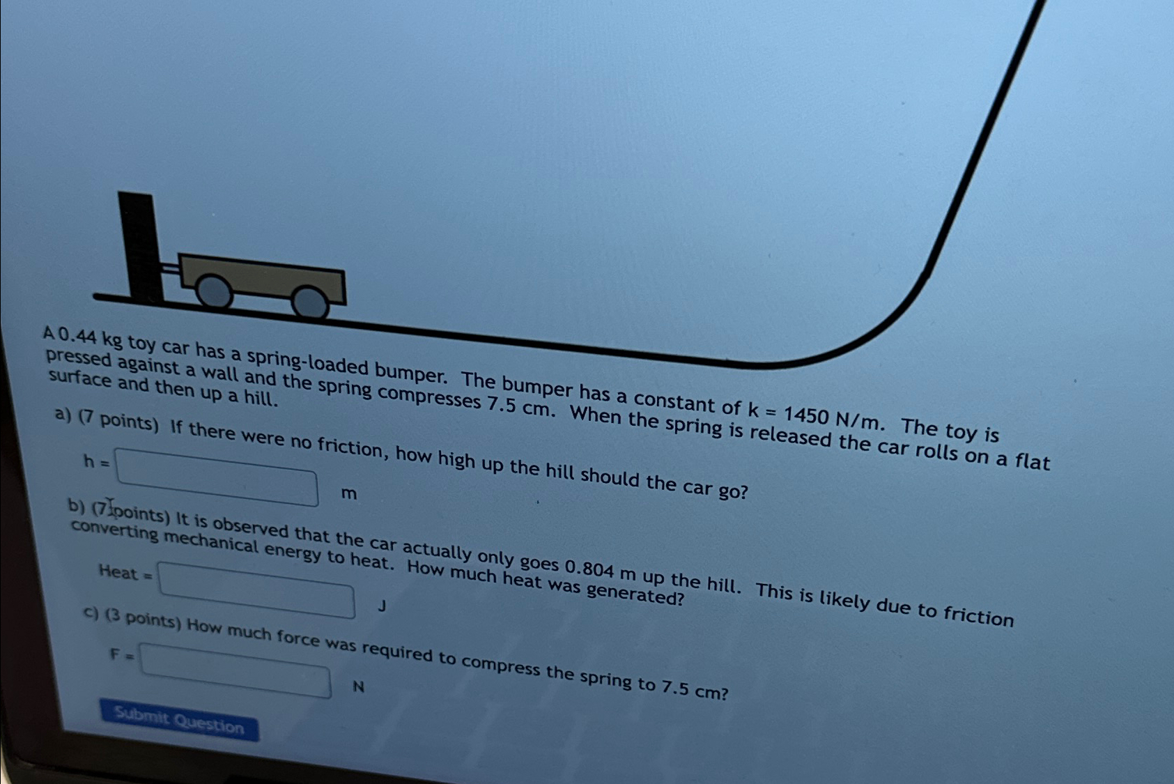 Solved A 0.44kg ﻿toy car has a spring-loaded bumper. The | Chegg.com