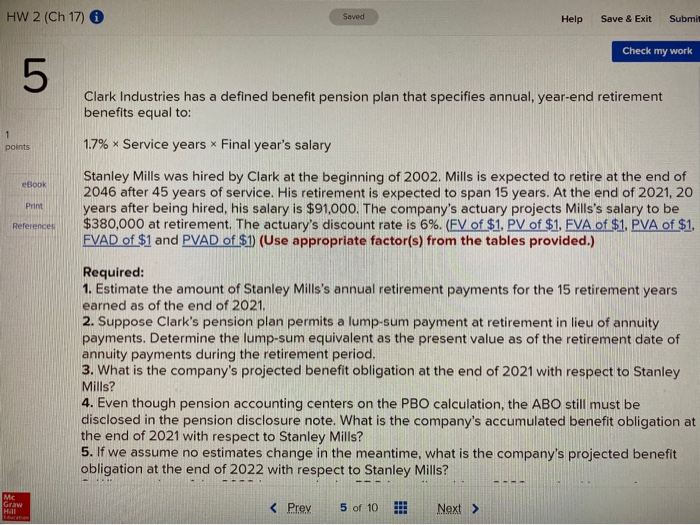 HW 2 (Ch 17) Saved Help Save & Exit Submit Check my | Chegg.com