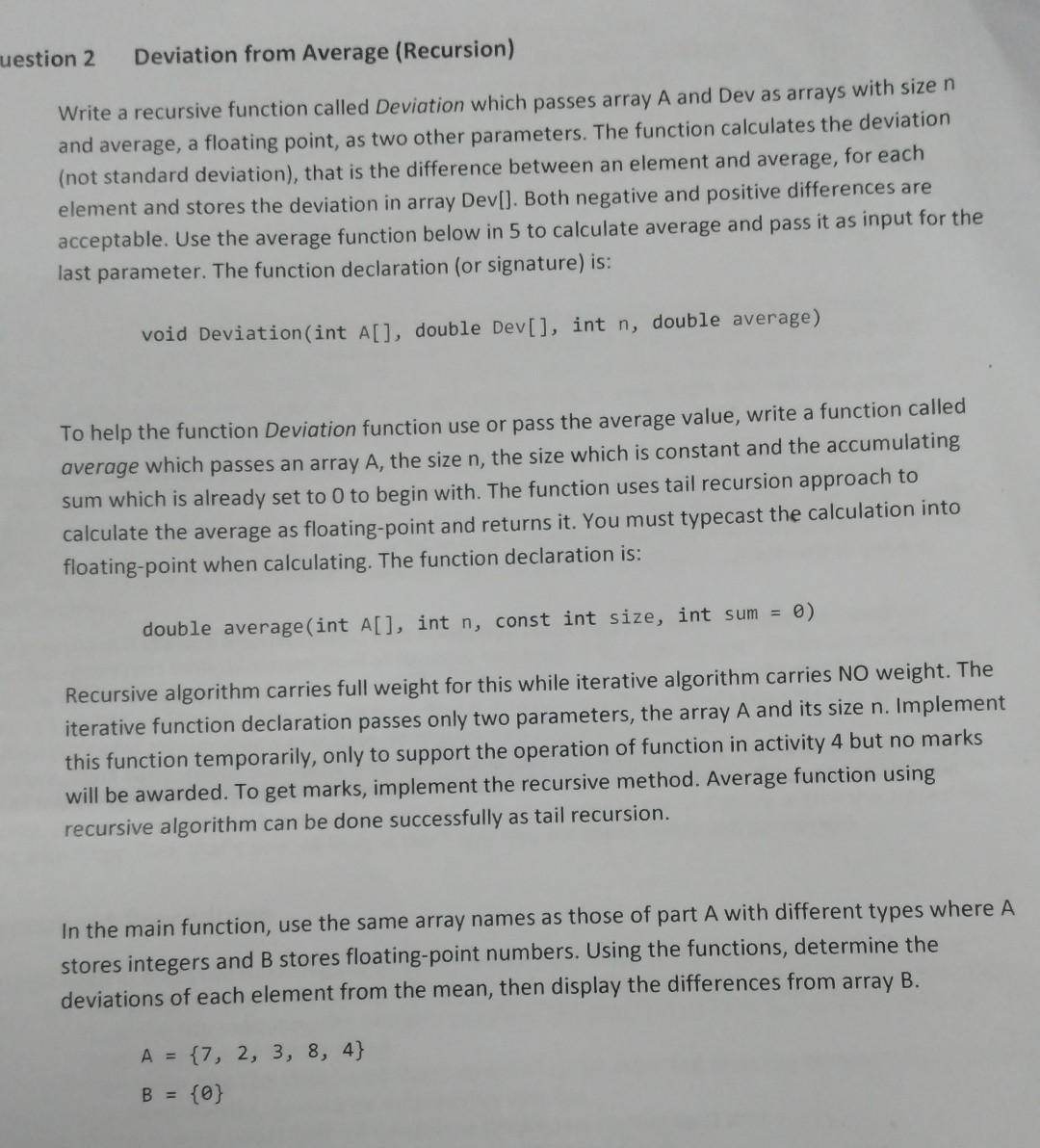 Solved ition 2 Deviation from Average (Recursion) Write a | Chegg.com