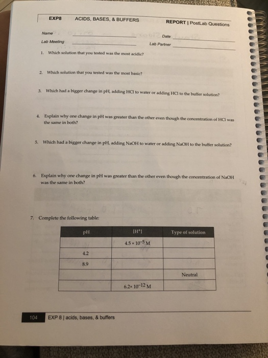 Solved EXP8 ACIDS, BASES, & BUFFERS REPORT I PostLab | Chegg.com