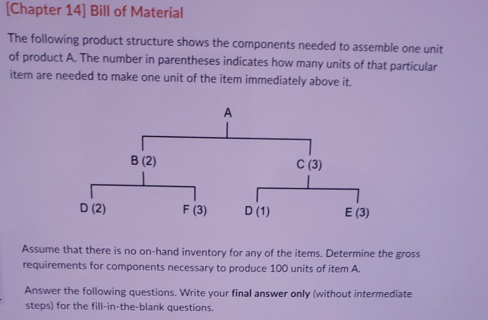 Solved The following product structure shows the components | Chegg.com