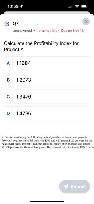 Solved Calculate the Profitability Index for Project A A | Chegg.com