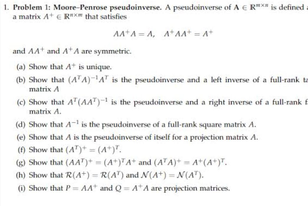 Solved 1. Problem 1: Moore-Penrose pseudoinverse. A | Chegg.com
