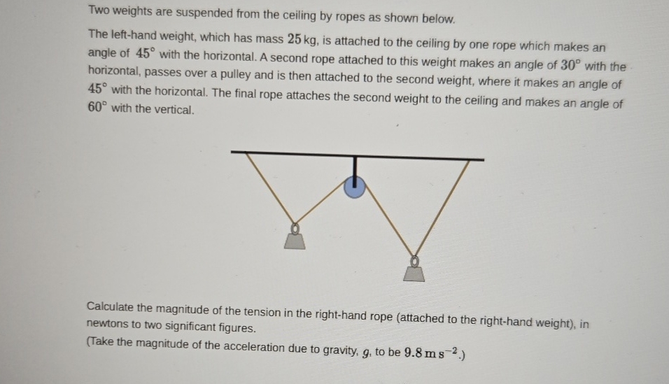 Solved Two weights are suspended from the ceiling by ropes | Chegg.com