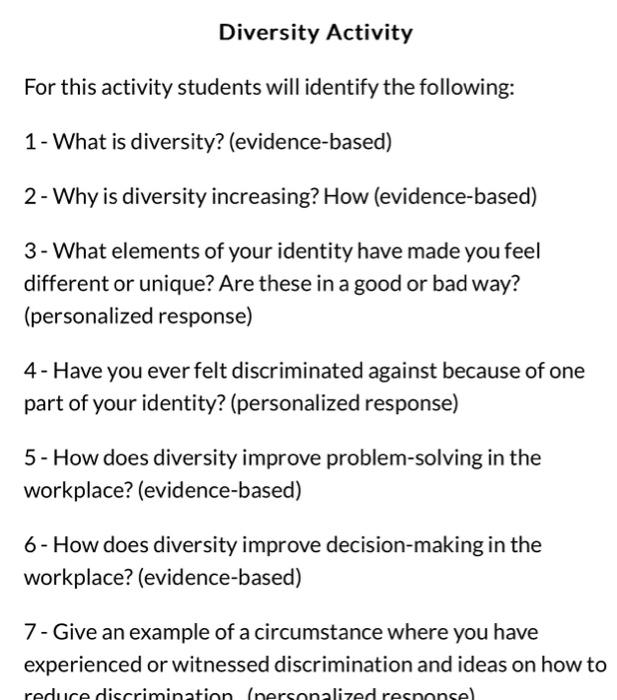 Solved Diversity Activity For this activity students will | Chegg.com