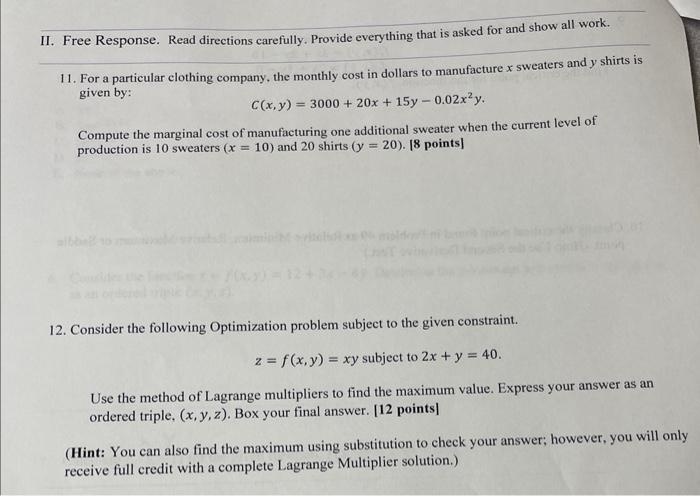 Solved I. Free Response. Read directions carefully. Provide | Chegg.com