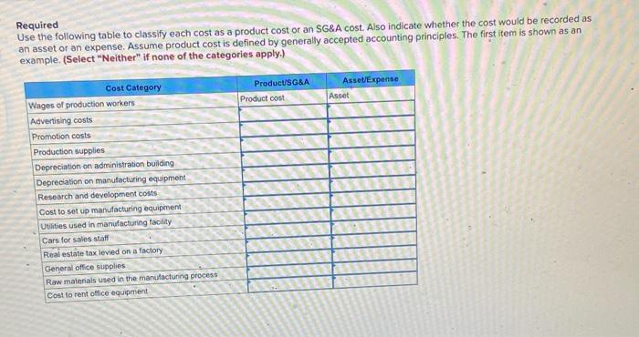 Solved Required Use the following table to classify each | Chegg.com