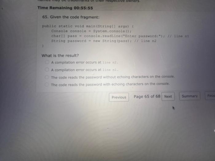 Solved Time Remaining 00:55:55 65. Given the code fragment: | Chegg.com