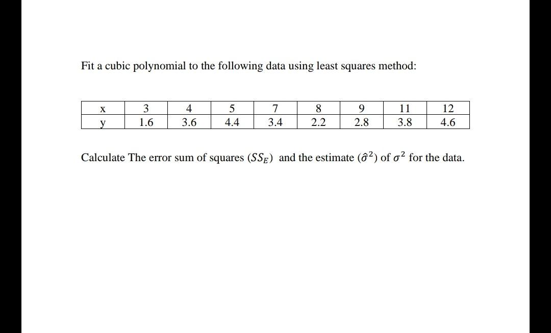 Solved Fit a cubic polynomial to the following data using | Chegg.com