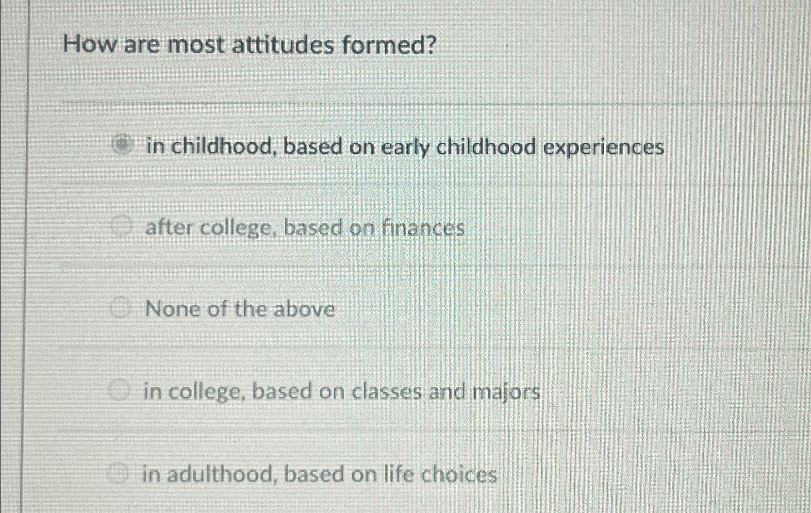 Solved How are most attitudes formed?in childhood, based on | Chegg.com