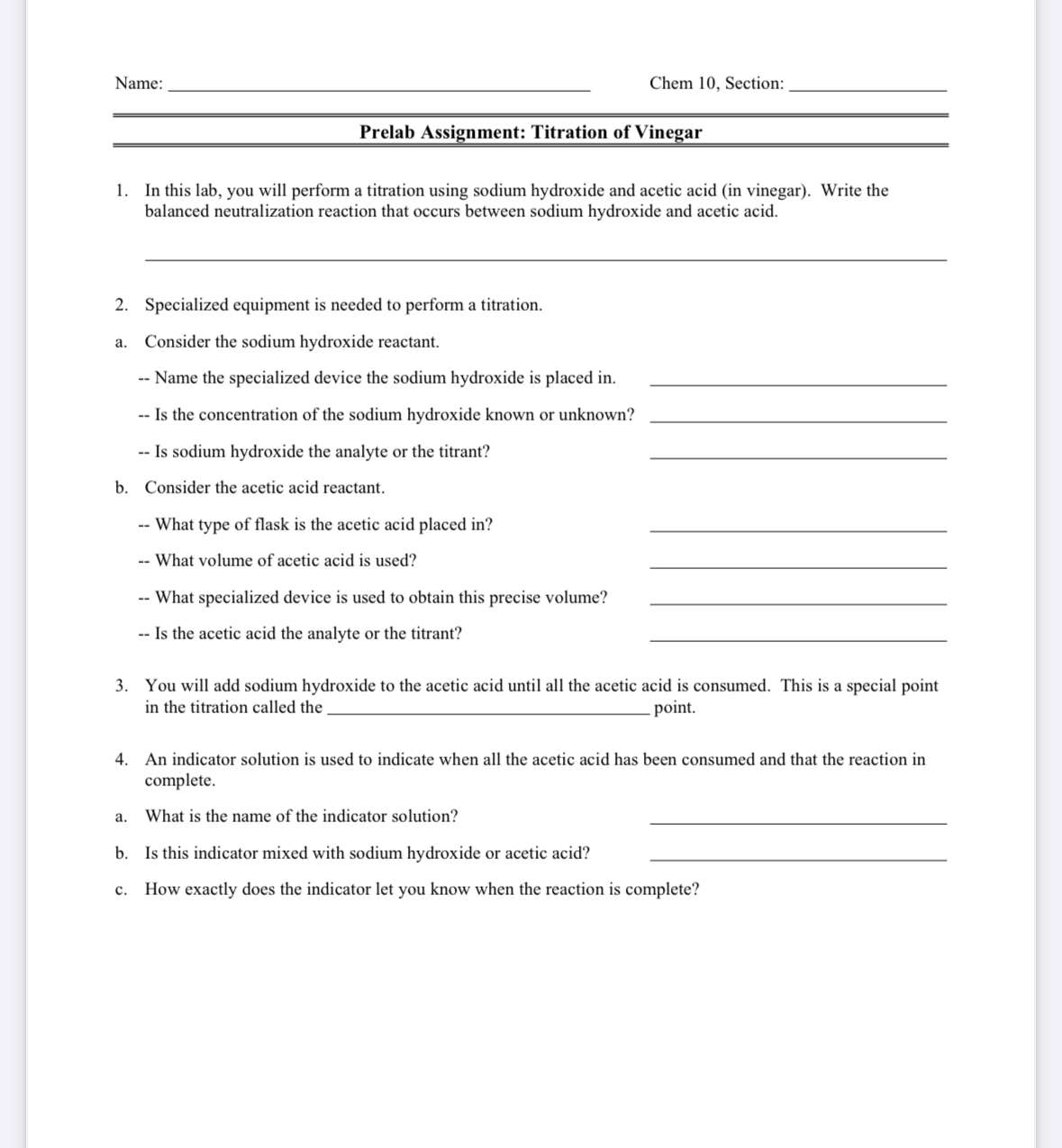 Solved Name:Chem 10, ﻿Section:Prelab Assignment: Titration | Chegg.com