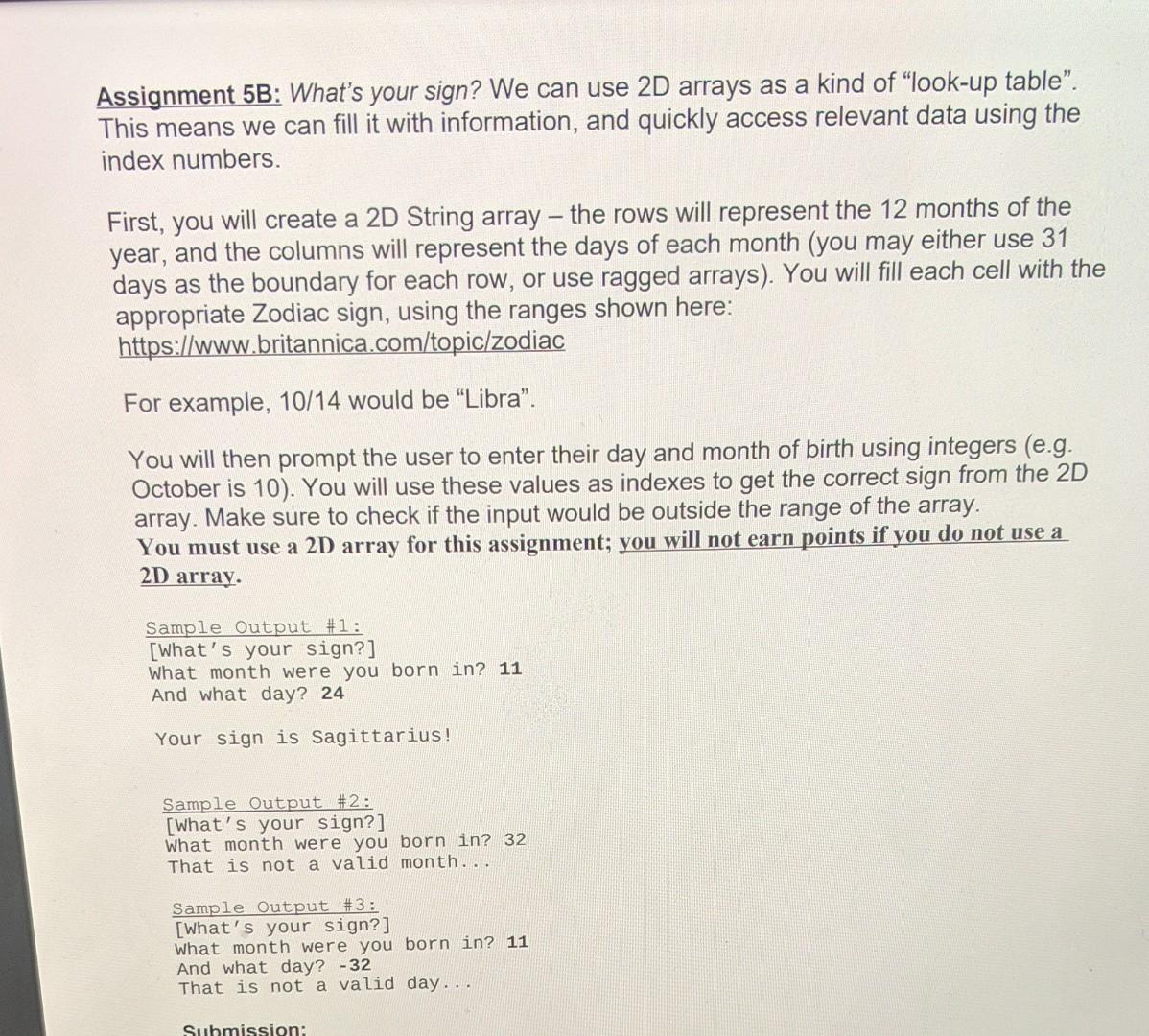 Solved Assignment 5B: What's your sign? We can use 2D arrays | Chegg.com
