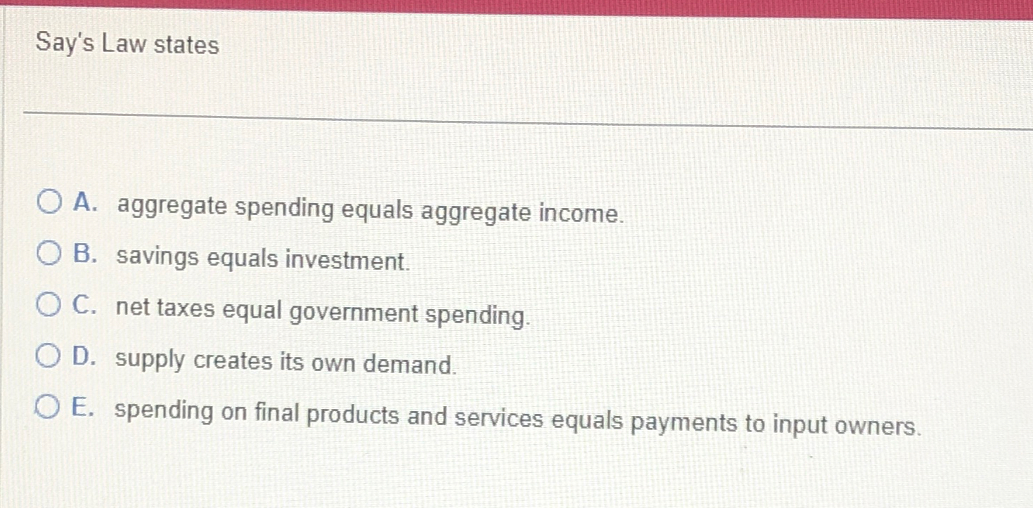 Solved Say's Law statesA. ﻿aggregate spending equals | Chegg.com