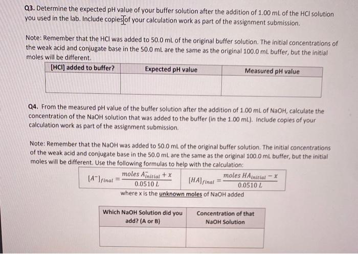 Q3. Determine the expected pH value of your buffer | Chegg.com