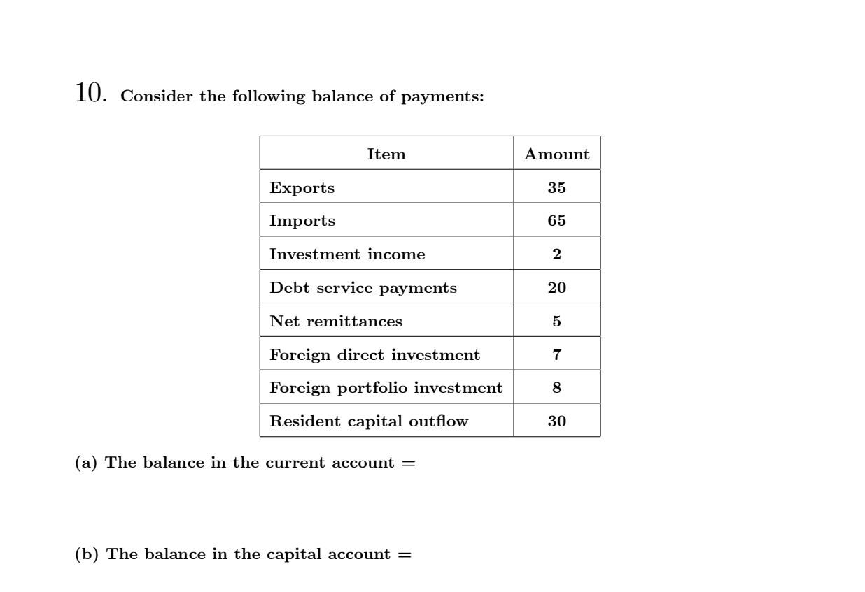 Solved 10. Consider the following balance of payments: (a) | Chegg.com