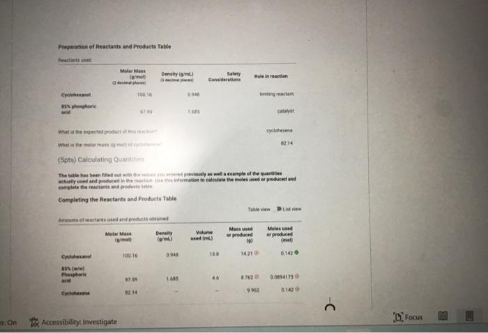 Preperation of Reactants and Products Table: (5pts) | Chegg.com