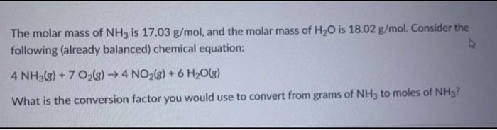 Solved The molar mass of NH3 is 17.03 g/mol, and the molar | Chegg.com