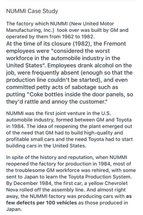 Solved NUMMI Case Study The factory which NUMMI (New United | Chegg.com