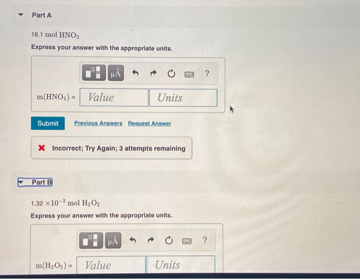 Solved Part A 18.1 mol HNO2 Express your answer with the | Chegg.com