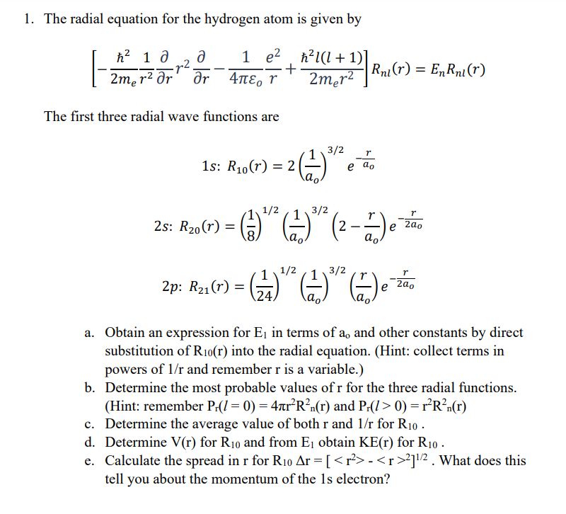 The radial equation for the hydrogen atom is given | Chegg.com