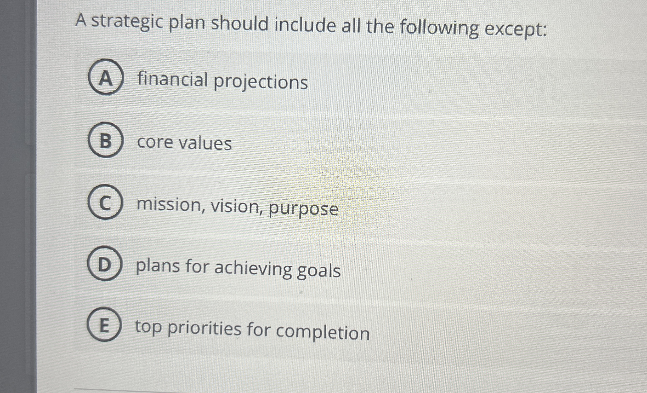 Solved A strategic plan should include all the following | Chegg.com