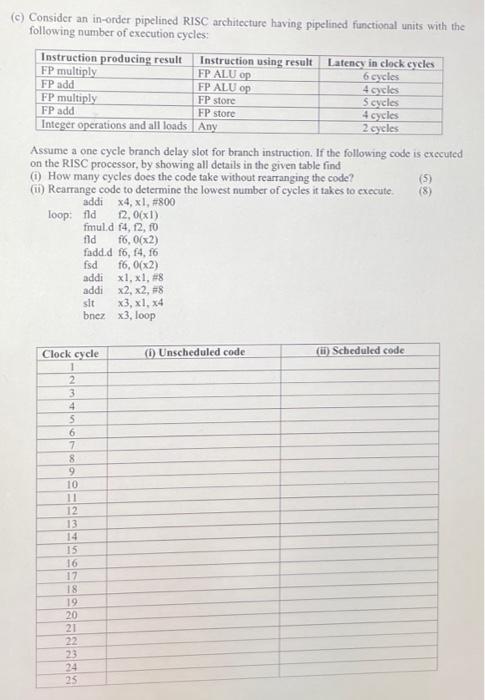 Solved (c) Consider an in-order pipelined RISC architecture | Chegg.com