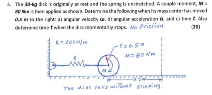 Solved 3. The 30-kg disk is originally at rest and the | Chegg.com