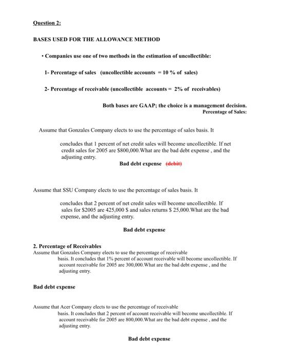 Solved Question 2: BASES USED FOR THE ALLOWANCE METHOD . | Chegg.com