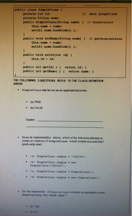 Solved public class SimpleClass private int id; // data | Chegg.com