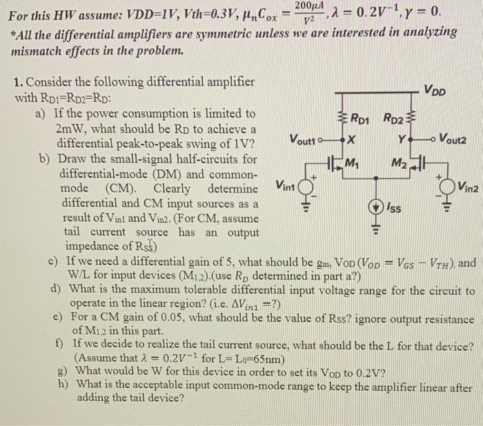 V2 For this HW assume: VDD=1V, Vth=0.3V, Cox | Chegg.com