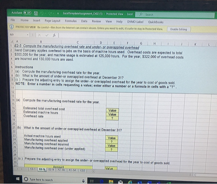 Solved AutoSave O u Excel Template Assignment cho2 (1) . | Chegg.com
