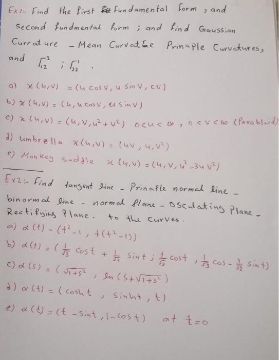 Solved Ex1 Find the first la fundamental form, and second | Chegg.com