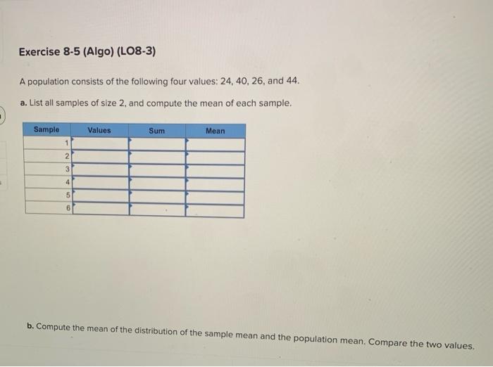 Exercise 8-5 (Algo) (L08-3) A population consists of | Chegg.com